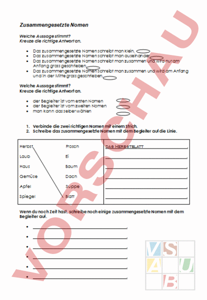 Arbeitsblatt: zusammengesetzte Nomen - Deutsch - Grammatik
