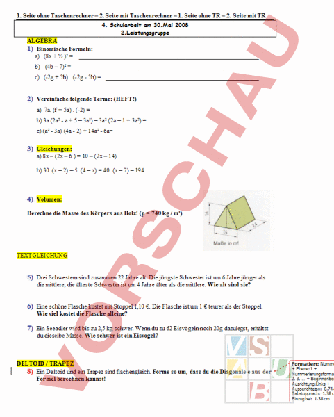 Arbeitsblatt: Schularbeit - Mathematik - Gemischte Themen