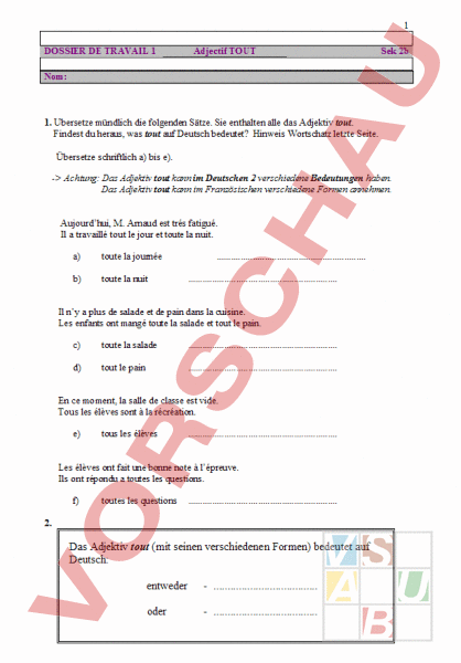 Arbeitsblatt: L'adjectif tout - Französisch - Grammatik
