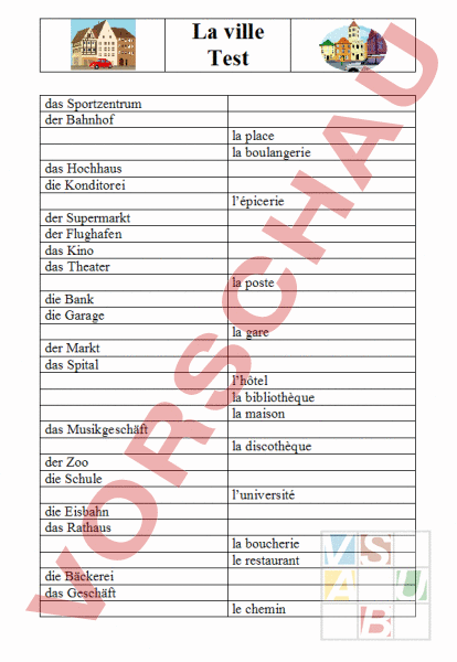Arbeitsblatt: La ville (Test) - Französisch - Wortschatz