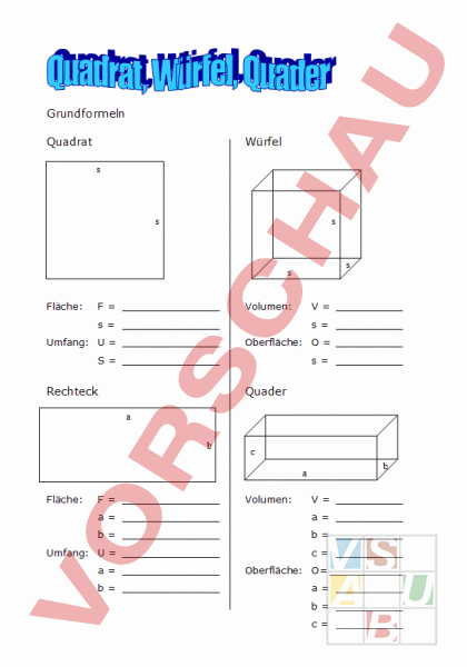 Arbeitsblatt: Formelsammlung Rechteck/Quader - Geometrie - Flächen