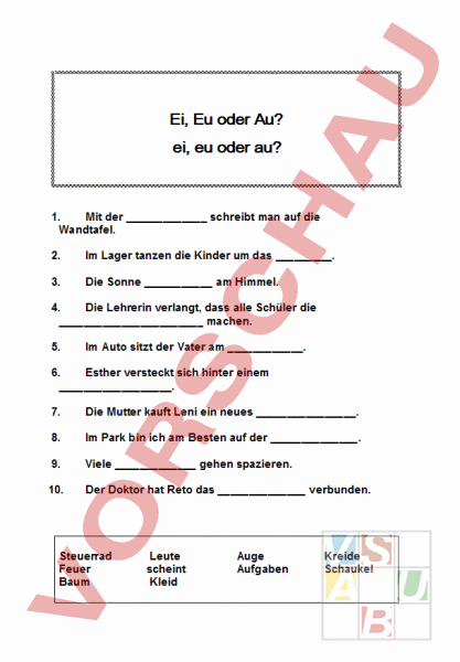 Arbeitsblatt: EI, EU oder AU - Deutsch - Lesefertigkeit