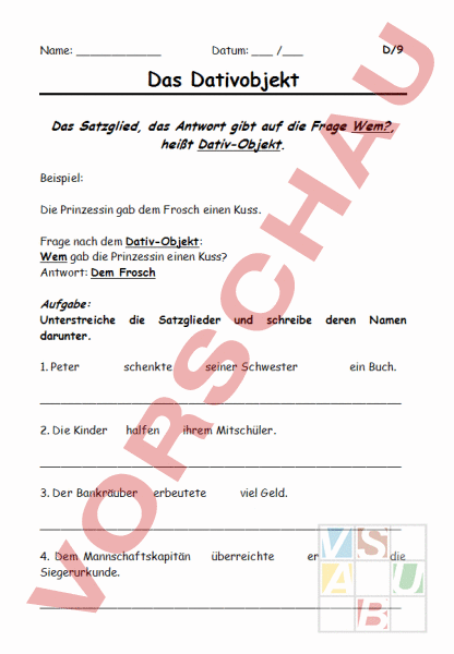 Arbeitsblatt: Dativobjekt - Deutsch - Erstlesen