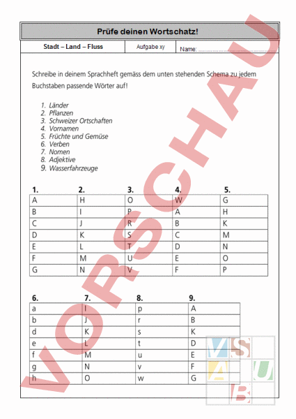 Arbeitsblatt: Stadt-Land-Fluss - Deutsch - Wortschatz