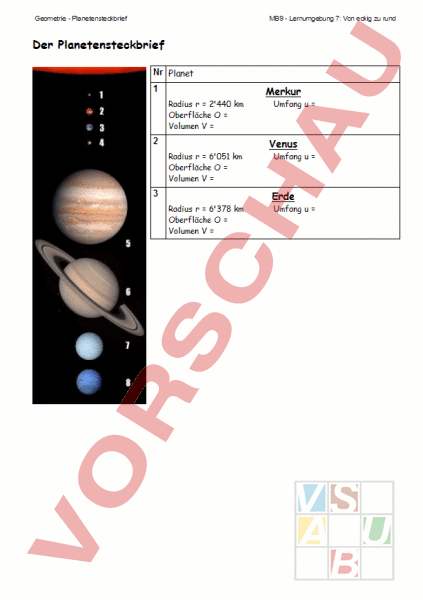 Arbeitsblatt: Planetensteckbrief - Geometrie - Körper / Figuren