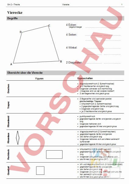 Arbeitsblatt: Vierecke Theorie - Geometrie - Flächen