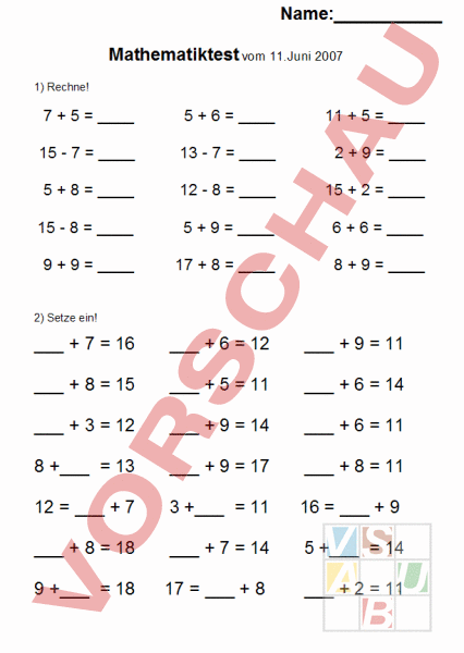 Arbeitsblatt: Mathetest ende 1. Klasse - Mathematik - Anderes Thema