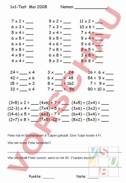 Arbeitsblatt: 1x1 Test - Mathematik - Multiplikation