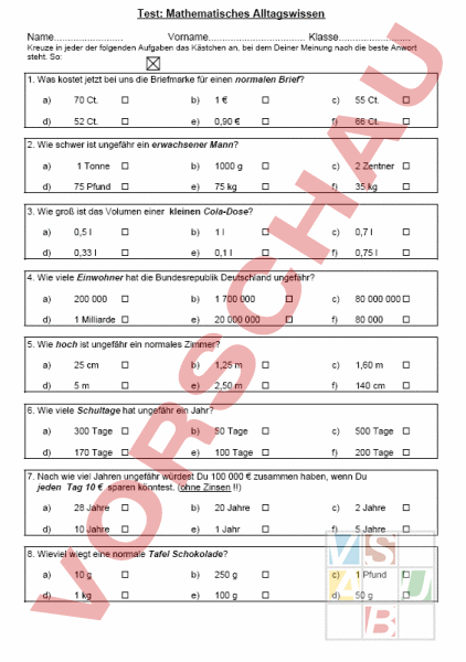 Arbeitsblatt: Alltagsmathematik - Mathematik - Gemischte Themen