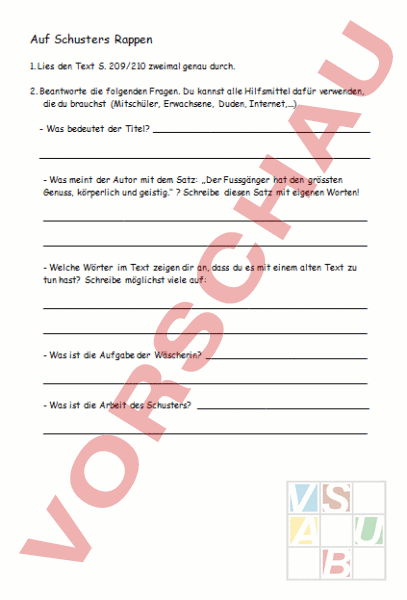 Arbeitsblatt: Auf Schusters Rappen - Deutsch - Textverständnis