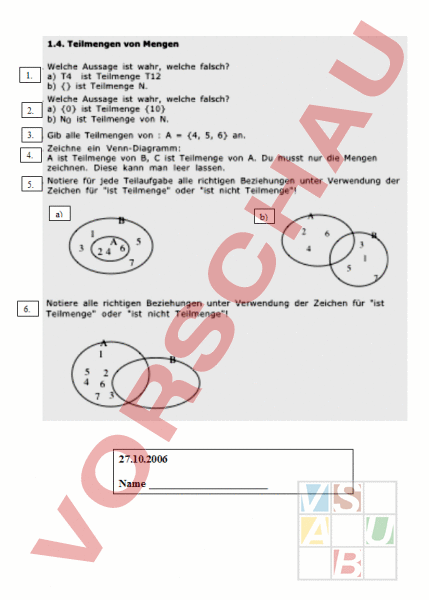 Arbeitsblatt: Teilmengen - Mathematik - Mengenlehre