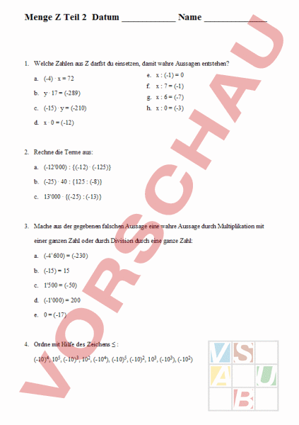 Arbeitsblatt: Ganze Zahlen - Mathematik - Zahlenbereiche