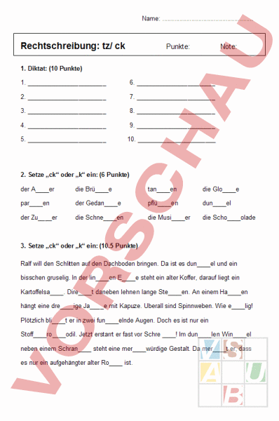 Arbeitsblatt: ck/tz - Deutsch - Rechtschreibung