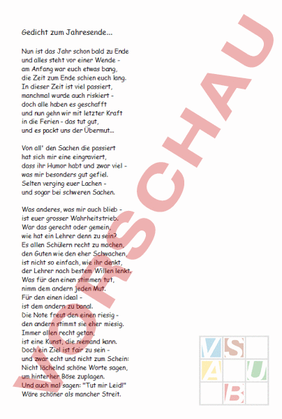Arbeitsblatt: Gedicht zum Jahresende - Deutsch - Vorlesen / Vortragen ...