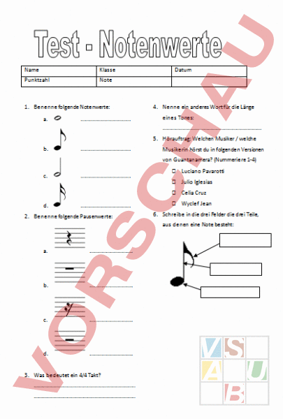 Arbeitsblatt: Test Notenwerte - Musik - Musik / Bewegung