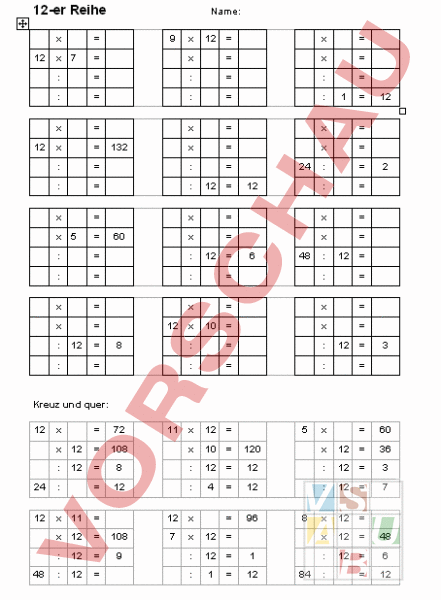 Arbeitsblatt: 12er Reihe - Mathematik - Multiplikation