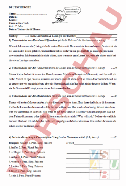 Arbeitsblatt: Probe Verb - Deutsch - Grammatik