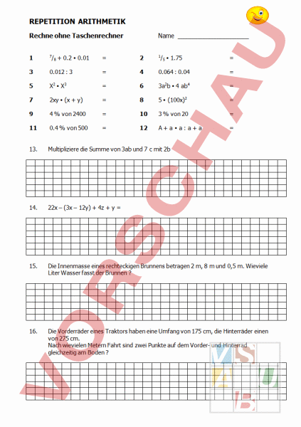 Arbeitsblatt: Test - Mathematik - Gemischte Themen