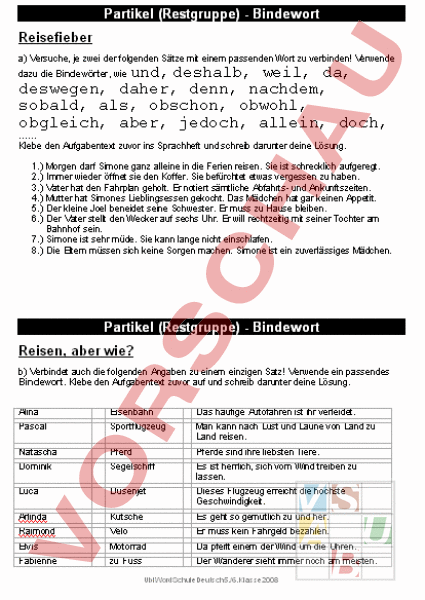 Arbeitsblatt: Bindewort (Partikel) - Deutsch - Grammatik