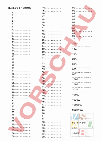 Arbeitsblatt: Numbers 1 -1'000'000 - Englisch - Wortschatz