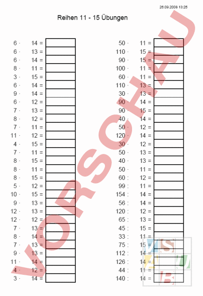 Arbeitsblatt: Reihen 11 bis 15 - Mathematik - Multiplikation