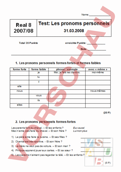 Arbeitsblatt: Pronom personnel - Französisch - Grammatik