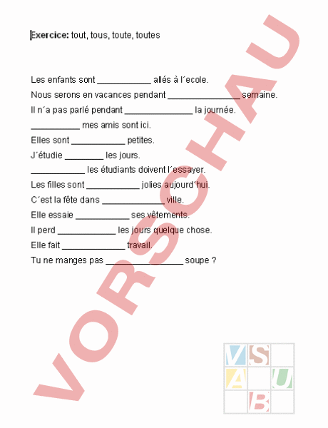 Arbeitsblatt: tout, tous, toute, toutes - Französisch - Grammatik