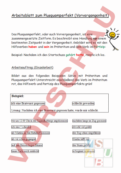 Arbeitsblatt: Das Plusquamperfekt - Deutsch - Grammatik