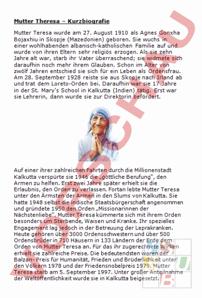 Arbeitsblatt: Mutter Teresa Biografie - Lebenskunde - Gemischte Themen