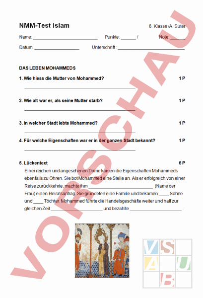 Arbeitsblatt: Test Islam - Lebenskunde - Religionslehre / Bibel