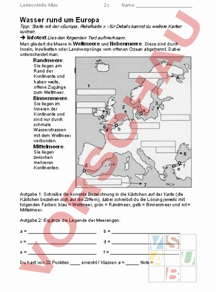 Arbeitsblatt: Lernkontrolle_Meere - Geographie - Kartographie / Gradnetz