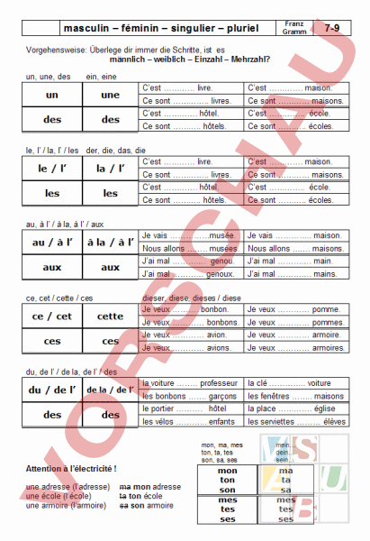 Arbeitsblatt: masculin - fèminin - singulier - pluriel? - Französisch ...