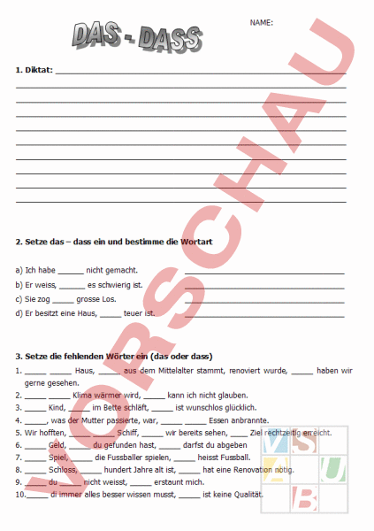 Arbeitsblatt: Test das - dass - Deutsch - Grammatik