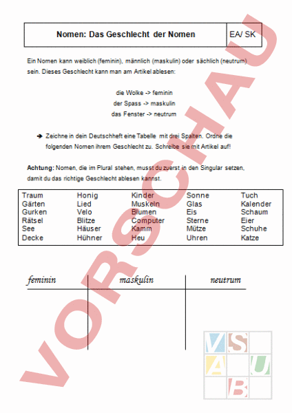 Arbeitsblatt: Nomen - Deutsch - Grammatik