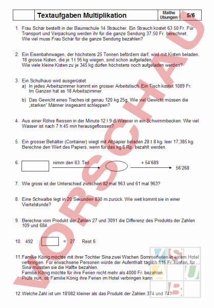 Arbeitsblatt: Textaufgaben - Mathematik - Multiplikation