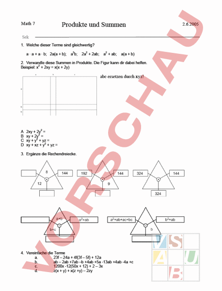 Arbeitsblatt: Summen und Produkte K28/29 - Mathematik - Algebra