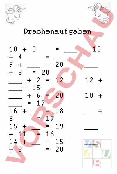 Arbeitsblatt: Drachenaufgaben - Mathematik - Addition