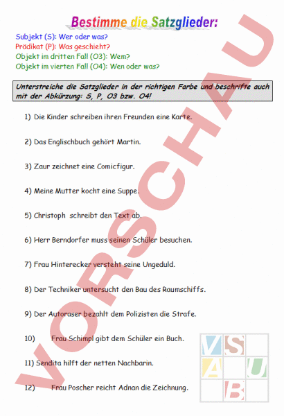 Arbeitsblatt: Satzglieder - Deutsch - Grammatik