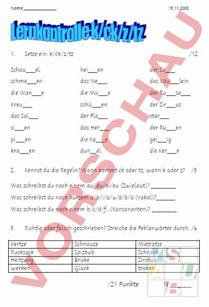 Arbeitsblatt: ck/tz/k/z - Deutsch - Rechtschreibung