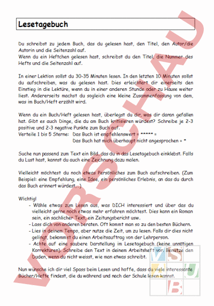 Arbeitsblatt: Lesetagebuch - Deutsch - Leseförderung / Literatur