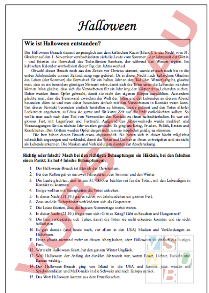 Arbeitsblatt: Text und Fragen zu Halloween - Deutsch - Textverständnis
