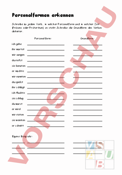 Arbeitsblatt: Personalformen - Deutsch - Grammatik