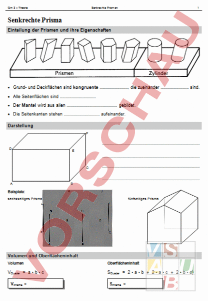 Arbeitsblatt: Senkrechte Prisma - Geometrie - Körper / Figuren