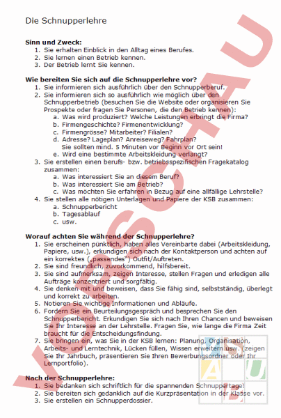 Arbeitsblatt: Schnupperlehre - Diverses / Fächerübergreifend - Anderes ...