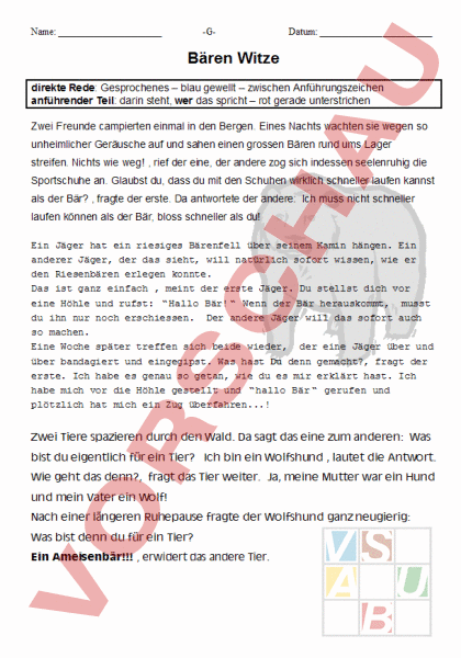 Arbeitsblatt: Einführung direkte Rede anführender Teil - Deutsch ...