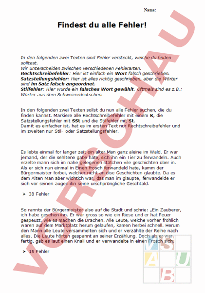 Arbeitsblatt: Fehlerhafte Texte - Deutsch - Rechtschreibung