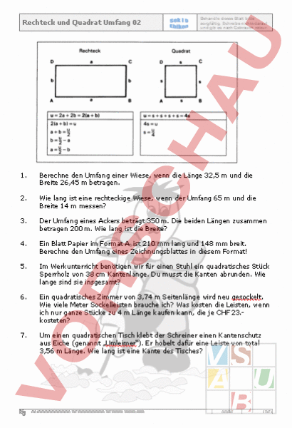 Arbeitsblatt: Rechteck und Quadrat Umfang 02 - Geometrie - Flächen
