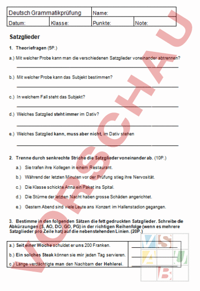 Arbeitsblatt: Test Satzglieder - Deutsch - Grammatik