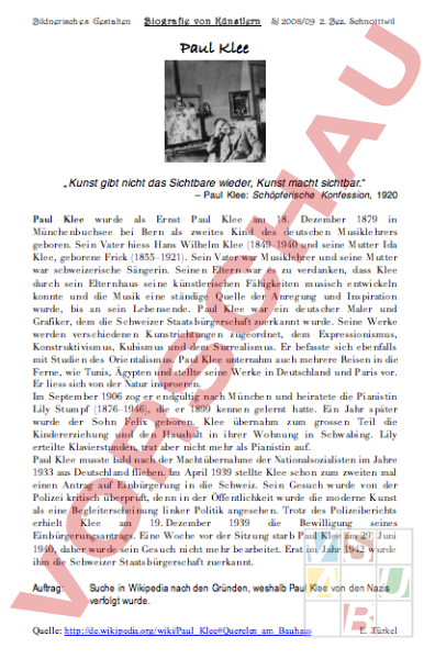 Arbeitsblatt: Paul Klee - Bildnerisches Gestalten - Kunstgeschichte