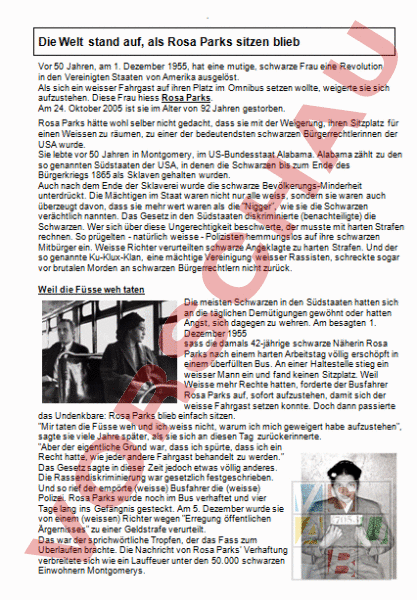Arbeitsblatt: Rosa Parks - Geschichte - Neuzeit
